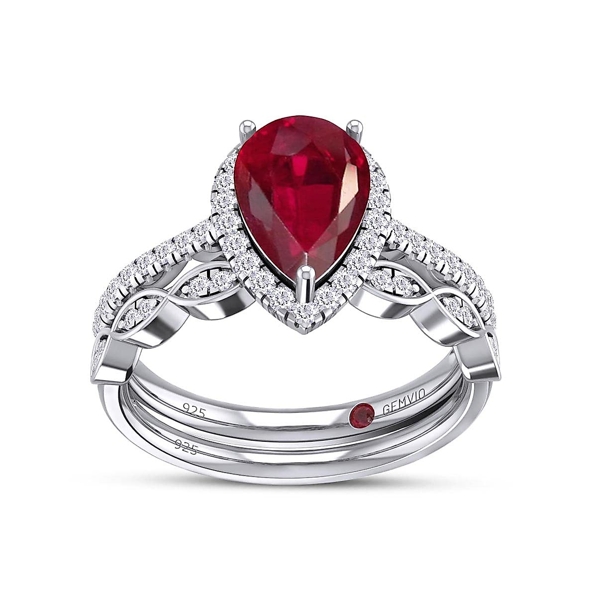GEMVIO Collection 9X6MM Pear Cut Lab Created Ruby Gemstone & Natural Diamond Bridal Set Teardrop Engagement Ring In 14K White Gold Over Sterling Silver Anniversary Wedding Ring(1.40 Cttw)-5