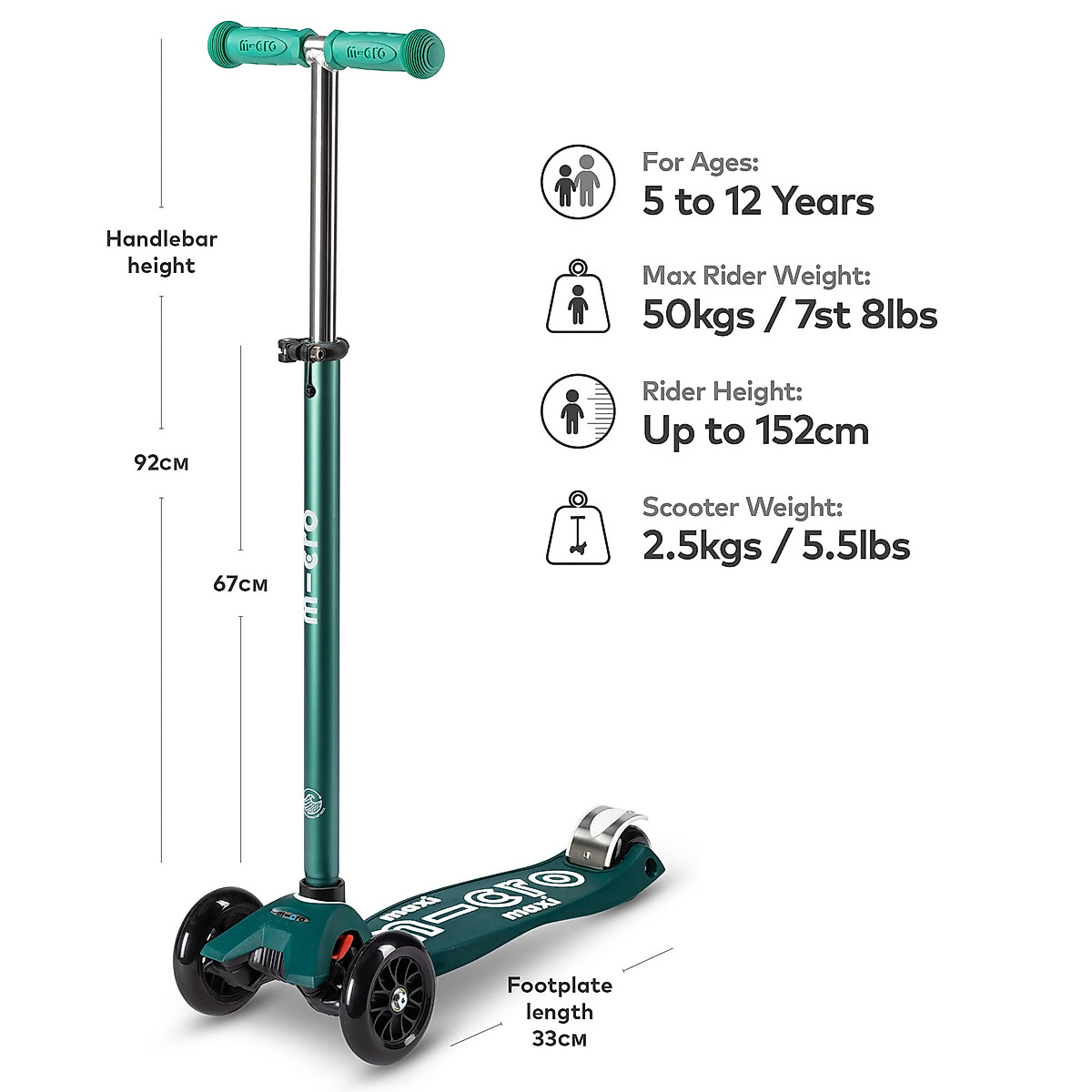 Micro Kickboard - Maxi Deluxe Eco 3-Wheeled, Lean-to-Steer, Swiss-Designed Micro Scooter Made with Recycled and Sustainable Materials for Elementary Kids, Ages 5-12 (Dark Green)