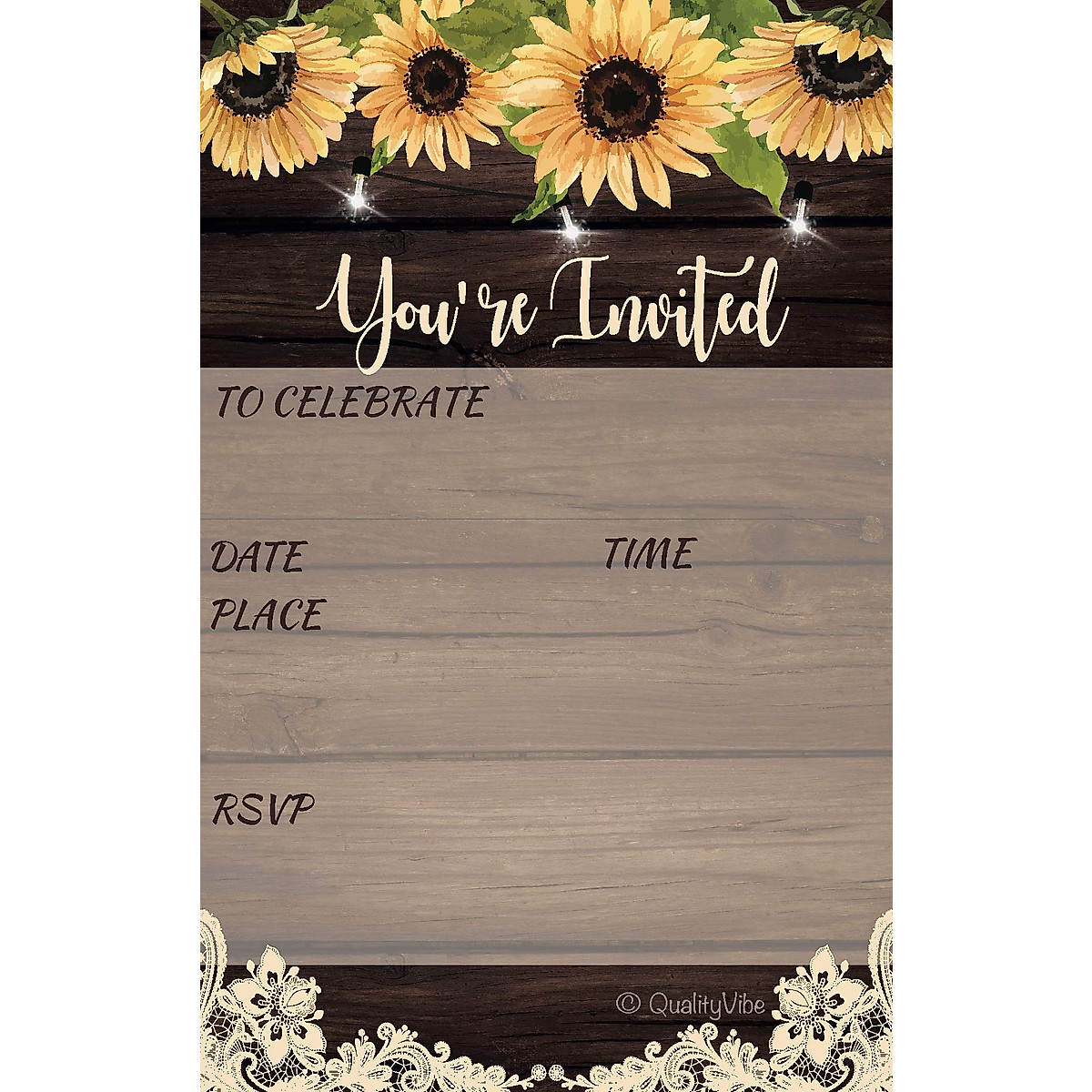 QualityVibe 25 Sunflower, rustic Wood & lace Invitations with 25 Envelopes For Weddings, bridal shower, birthdays, housewarming, retirement, engagements and much more events.