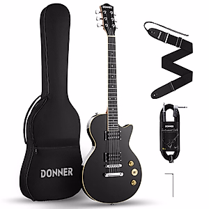 Donner Electric Guitar LP Solid Body, Full-Size 39 Inch Electric Guitar Beginner Kit Black with Bag, Cable, Strap, DLP-124B