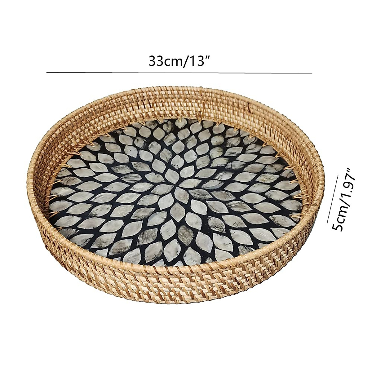 13 Inch Rattan Serving Basket with Shine MOP Black Flat Bottom, Handmade Wicker Coffee Table Serving Tray Décor Circle with 2 Inch Wall, Boho Round Woven Basket Tray for Ottoman, Vanity, Exxacttorch