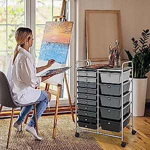 15 Drawer Rolling Storage Cart, Mobile Utility Cart with Lockable Wheels, Drawers, Multipurpose Organizer Cart for Home, Office, School, Gradient Black