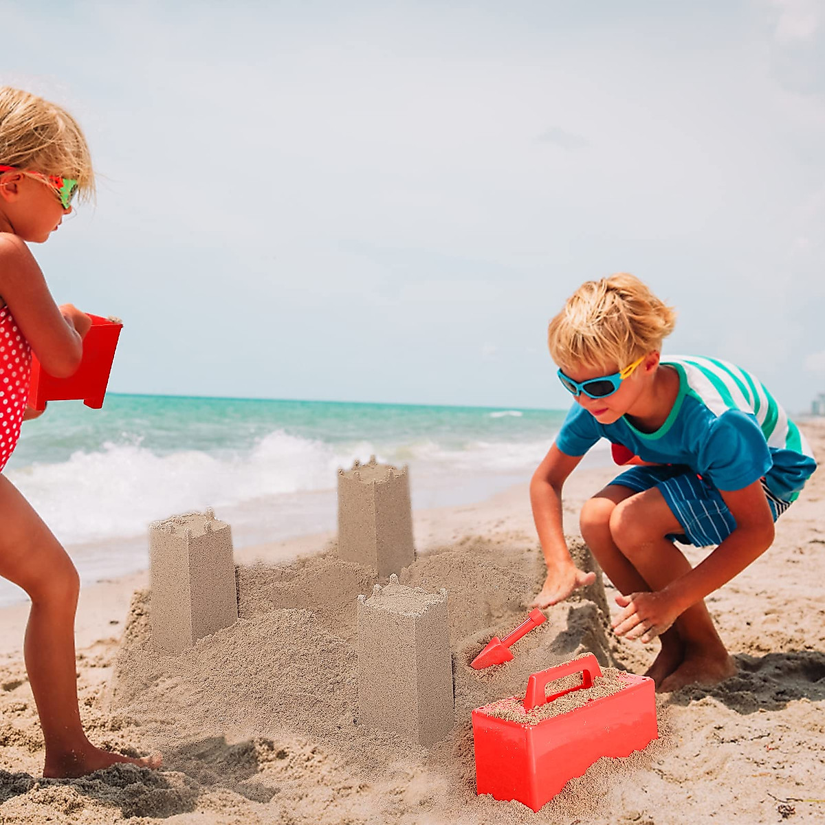 4 Pack Sand Block Molds- Sand & Snow Fort Building Block Sand Castle Mold Beach Toy Brick with Shovel Snow Castle Toy Molds for Kids Outdoor Summer Beach Toy & Winter Snow Activity Toys Kit (Red)