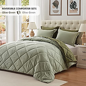 NexHome Queen Comforter Set - Olive Green Comforter Queen Size Bedding Set - Soft Reversible Down Alternative Full Size Comforter Bed Set 3 Pieces 1 Comforter (88"x88") + 2 Pillow Shams (20"x26")