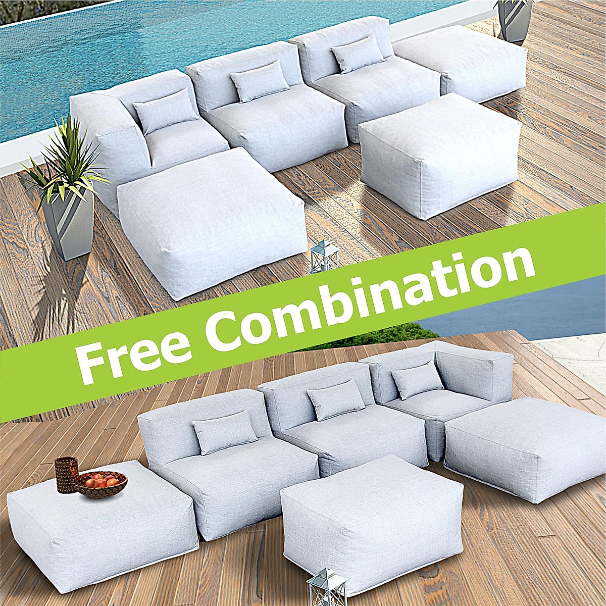 Patio Furniture Set Bean Bag Chairs Alassio 6PC Outdoor Chairs Sectional Conversation Patio Set Daybed Furniture Outdoor Sofa Couch High Density Foam Filling Modern Comfy Patio Couch (light gray)