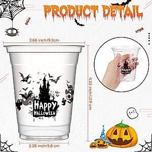 12oz Halloween Party Cups, Happy Halloween Disposable Clear Cups Plastic Printed Party Cups with Bat Ghost for Halloween Party Decoration, Party Supply for Beer Beverage Ice Cream Snacks(60 Count)