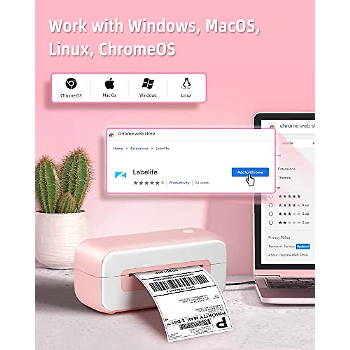 Shipping Label Printer, Itari High Speed 4x6 Thermal Label Makers for Shipping Packages, Small Desktop Sticker Printer for Home Business, Compatible with Amazon, Etsy, Ebay, USPS, Shopify, FedEx, Pink