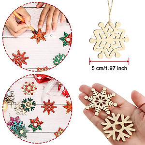 100 Pcs Christmas Unfinished Wooden Snowflake Ornaments Snowflake Hanging Cutouts Blank Wood Slices with Cord Craft Embellishments for Xmas Tree Decorations