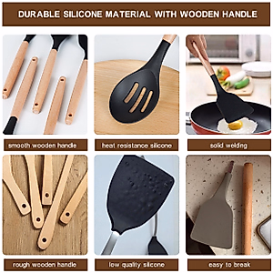Bayobid silicon kichen utensil set, 27 pieces cooking utensil set, wooden handle non-toxic BPA free kitchn gudget, black silicone kitchen utensils set with high degree of heat resistant with holder.
