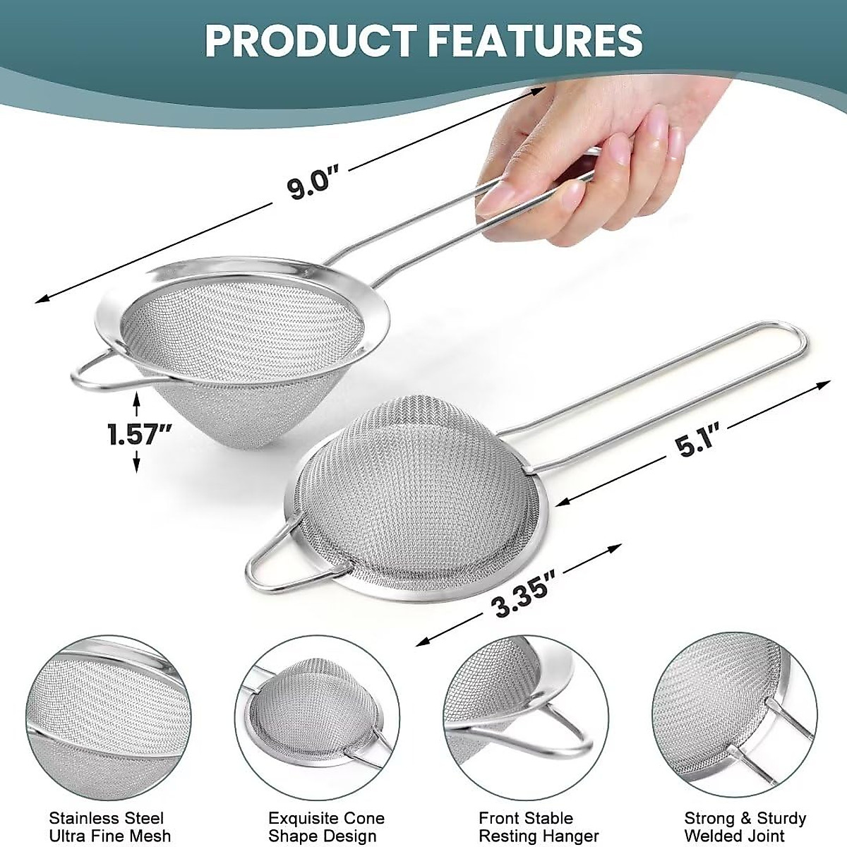 CUNSENR Premium Fine Mesh Tea Strainer - Stainless Steel Cocktail Strainer for Drink - Small Strainers for Kitchen, Tea Herbs, Juice, Coffee - Mini Strainer for Juicing - Easy to Use & Clean, Silver