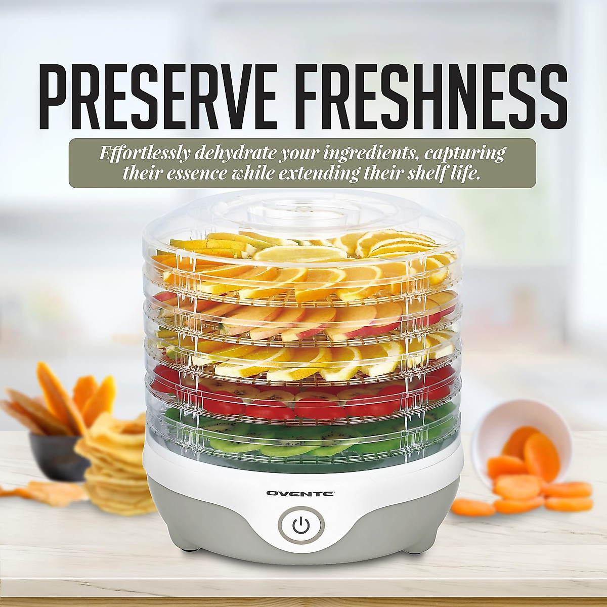 OVENTE Food Dehydrator Machine with 5 Stackable Clear Trays and Drying Space, 240W Electric Food Preserver and Dryer for Snacks, Beef Jerky, Fruits, Veggies, Yogurt and Herbs, Grey DF215GY