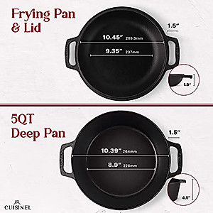 Cuisinel Cast Iron Dutch Oven - 5-Quart Deep Pot - Preseasoned 2-in-1 Multi-Cooker - Combo Lid Doubles as 10"-inch Skillet Frying Pan + Silicone Handle Covers + Scraper - Indoor/Outdoor Bread Cookware