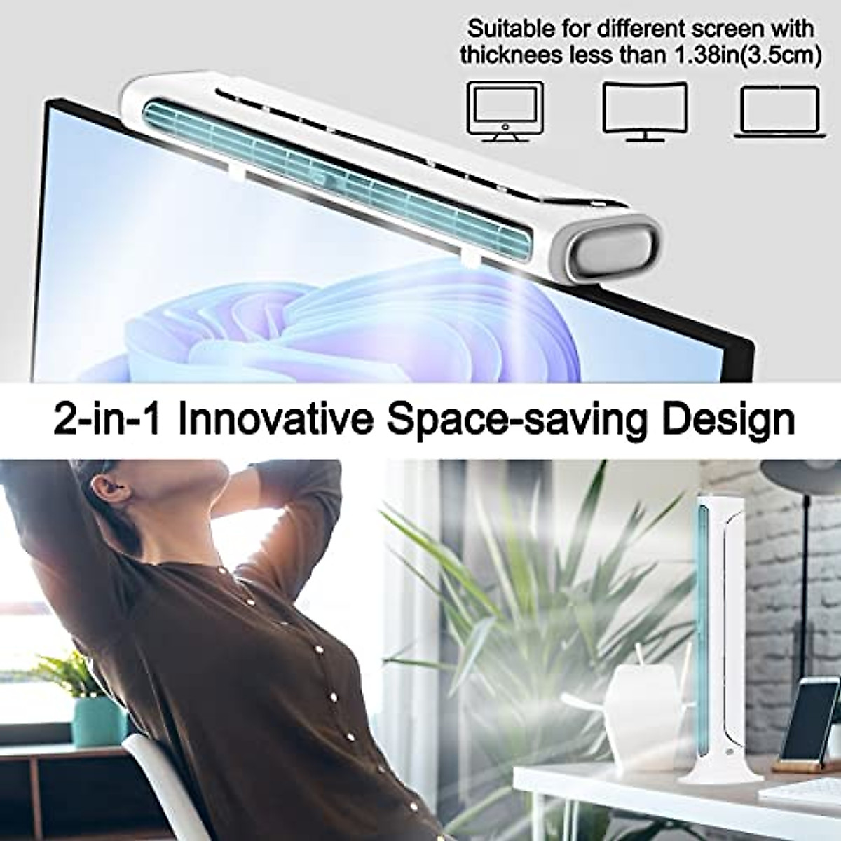 DauMeiQH Office Desk Monitor Screen Fan, Bladeless Tower Standing Fan Bar for Bedroom, 4000mAh Battery Powered Table Top Cooling Stand up Tall Fan with USB-C Charging Cable, 12 inch Air Outlet- White