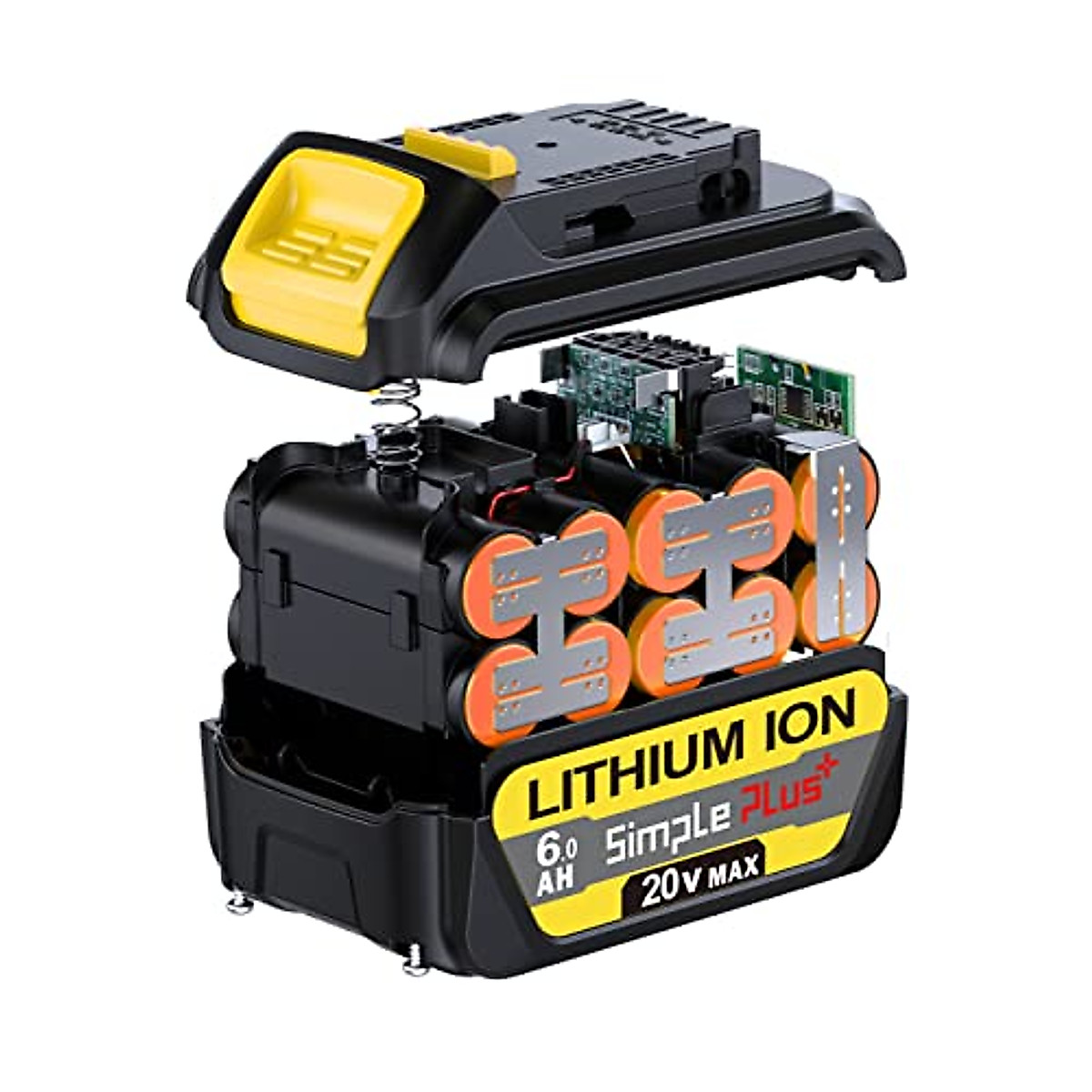Simple Plus+ 2 Packs 20V 6.0Ah Replacement Battery for Dewalt 20V Compatible with Dewalt DCB200 DCD DCF DCG Series Cordless Power Tools