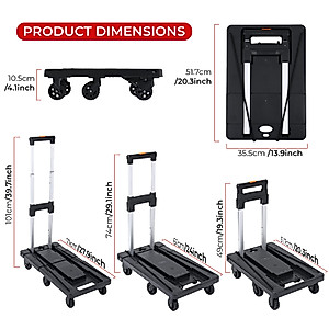Subron Folding Hand Truck, 600lbs Foldable Heavy Duty Luggage Cart with 7 Tank Wheels, 3-Stage Retractable Portable Large Platform Utility Dolly Cart for Moving, Travel, Shopping, Office Use