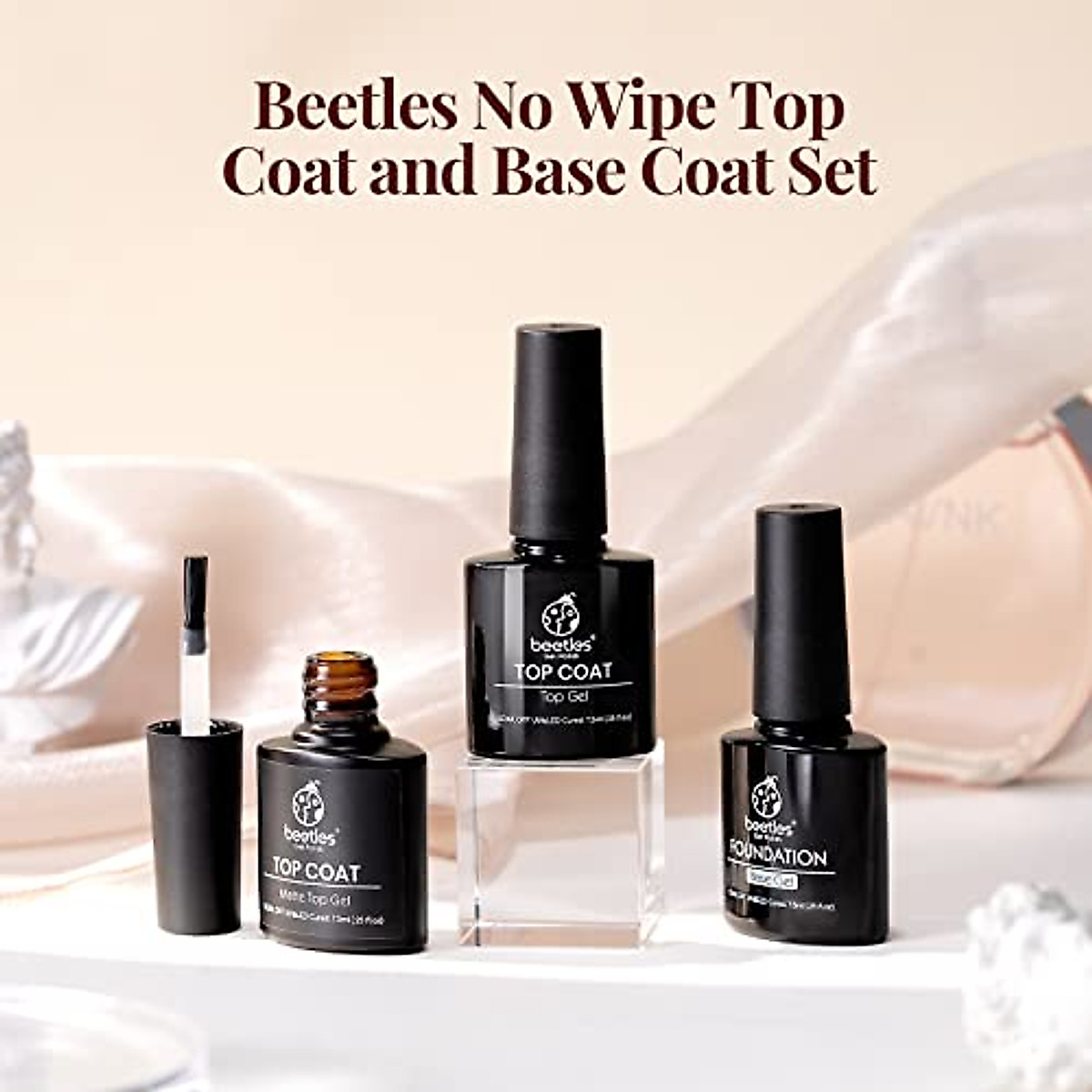 Beetles Gel Top Coat Base Coat Set for Gel Nail Polish, 3Pcs No Wipe Base Gel Matte & Shiny Top Coat, Long Lasting High Gloss and Matte Effects Soak off Uv Led Gel DIY at Home