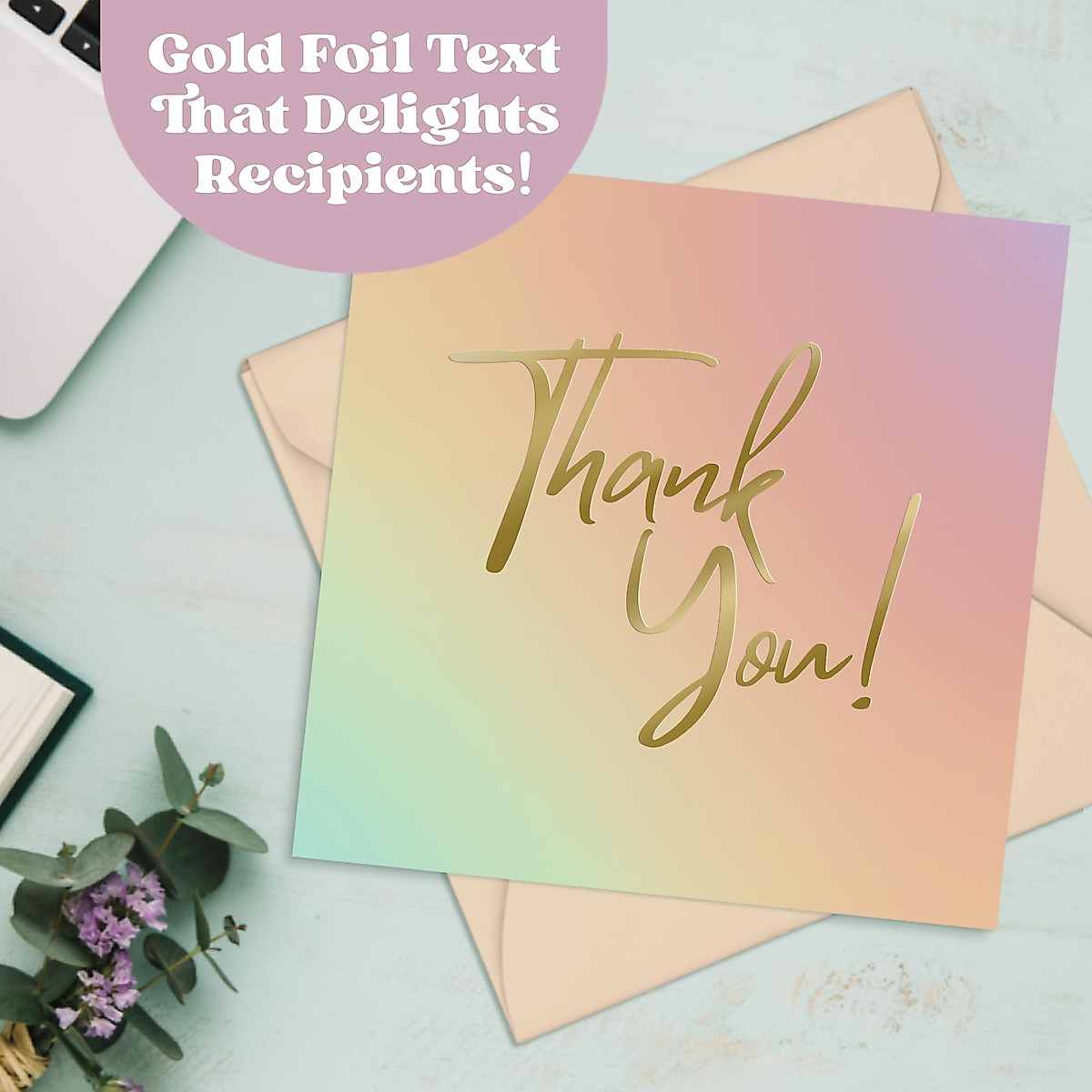Thank You Cards With Envelopes - Gold Foil Stamp Text - Stylish, Colorful, Cute Thank You Notes For Birthdays, Holidays, Business - 5 x 5 Inches