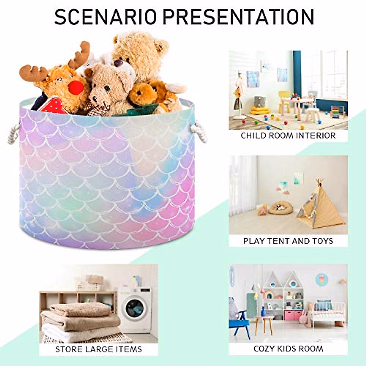 MNSRUU Storage Basket 20"x14" Rainbow Scales with Mermaid Collapsible Organizer Basket with Handles, Fabric Nursery Laundry Basket Large Capacity