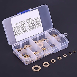 180Pcs Brass Flat Washer Assortment Set with Box M2/M2.5/M3/M4/M5/M6/M8/M10 Metal Washers