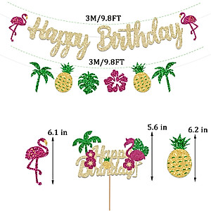 Glitter Tropical Happy Birthday Banner Luau Birthday Banner and Birthday Cake Toppers Flamingo Flower Banner for Summer Birthday Party Decorations Theme Baby Shower Supplies