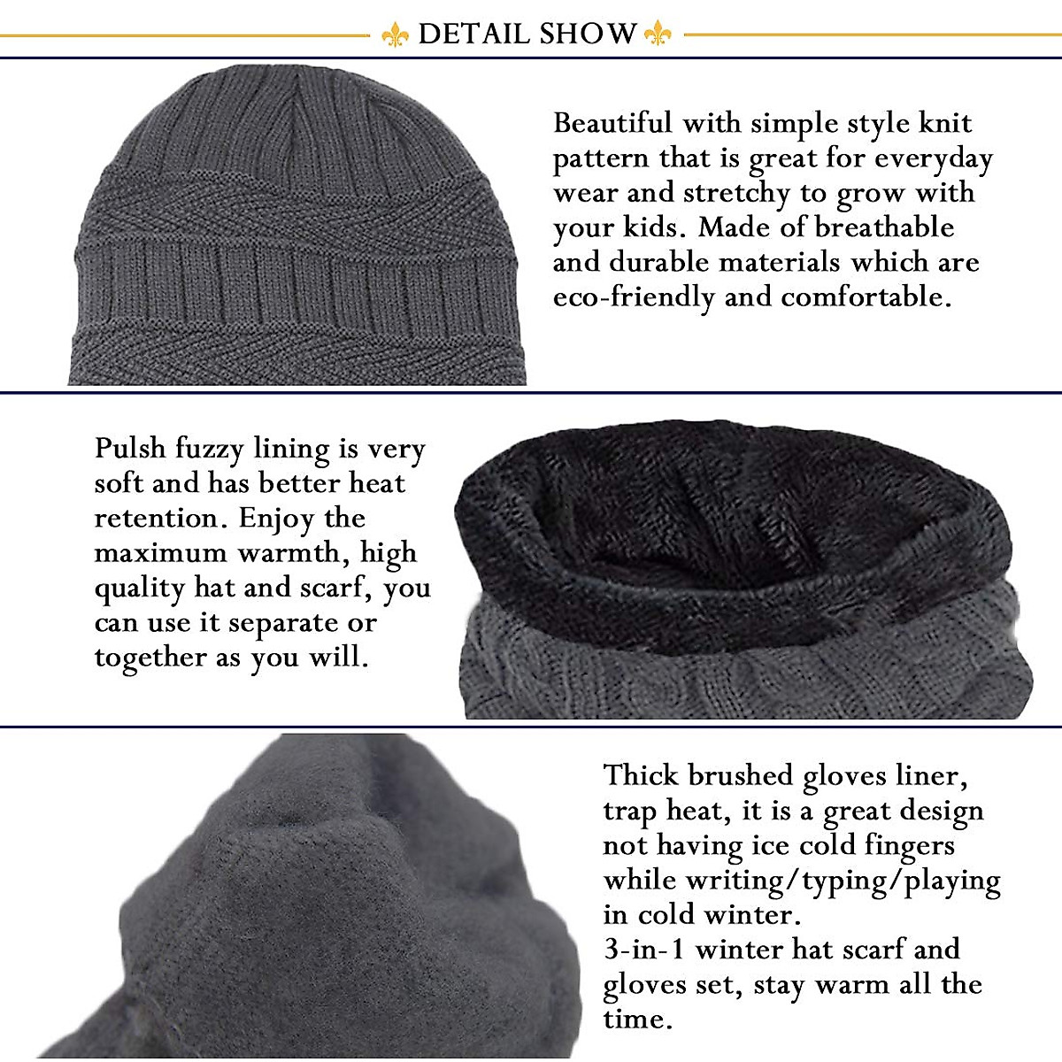 T WILKER 3Pcs Boys&Girls Winter Knit Hats Neck Warmer Scarf and Touch Screen Gloves Ski Beanie Cap Scarves and Gloves Set for Kids (Gray)