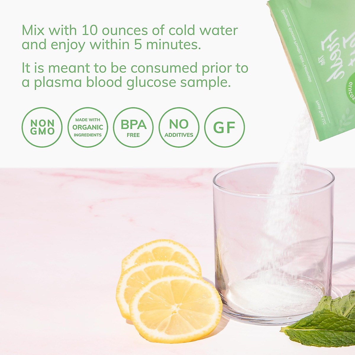 The Fresh Test® Glucose Beverage, 100 gram Powder Drink Mix | Additive-Free, Non-GMO, Organic Ingredients | Mint Lemonade