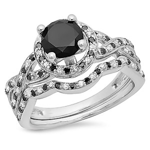 Dazzlingrock Collection 1.60 Carat (Cttw) 14K Black and White Diamond Halo Engagement Ring Set, White Gold, Size 7