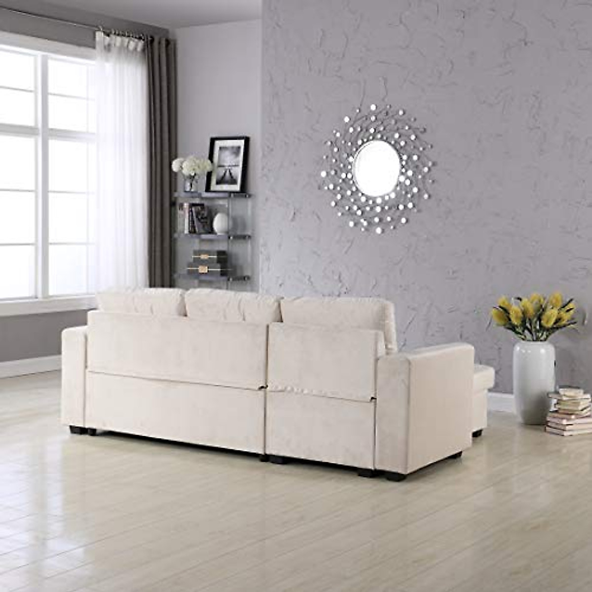 Legend Vansen 91''Velvet Sofa Chaise Storage Reversible L-Shape Sleeper Sectional,Sofabed,Seelper, Apt, Cream