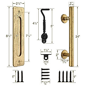 MIWOOYY 23 inch Barn Door Handle Distressed Gold - Rustic Sliding Barn Pull Flush Door Handles with Lock Hook Latch Sets, for Barn Door Gates Garages Sheds
