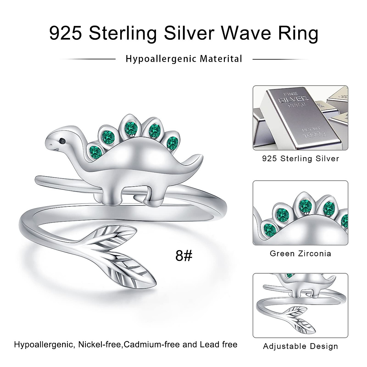 Freesloth Dinosaur Ring 925 Sterling Silver Dinosaur Gifts for Women Adjustable Open Rings Cute Animal Dinosaur Jewelry