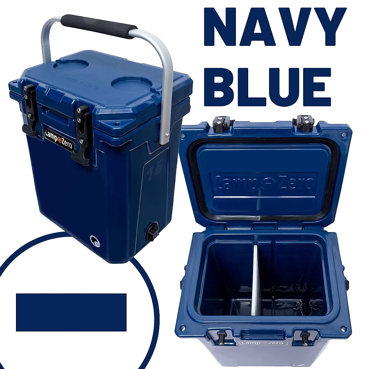 CAMP-ZERO 16L Tall Cooler/Ice Chest with 2 Molded-in Cup Holders & Folding Aluminum Handle | Thick Walled, Freezer Grade Cooler with Secure Locking System & Removable Divider (Navy Blue)