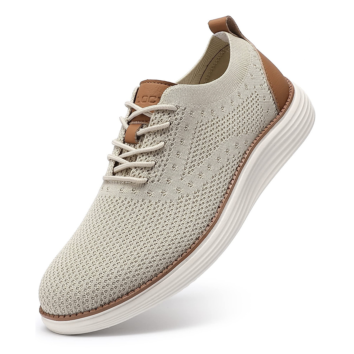VILOCY Men's Casual Dress Sneakers Oxfords Business Shoes Lace Up Lightweight Comfortable Breathable Walking Knit Mesh Fashion Sneakers Tennis Beige,EU44