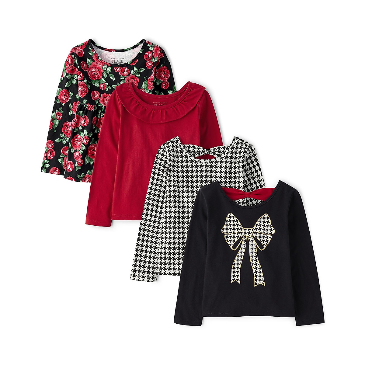 The Children's Place,and Toddler Girl Long Sleeve Fashion Shirts 4-Pack,Black | Classic RED 1 | Large Roses_Black | Rocker Plaid_Simply White,4T