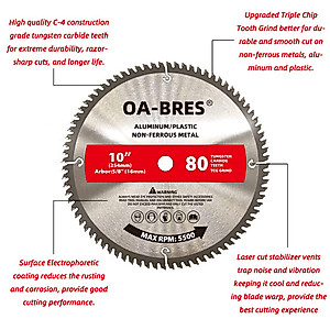 10 Inch 80T Aluminum Non-Ferrous Metal Saw Blade with 5/8-Inch Arbor, Upgrade TCG Grind
