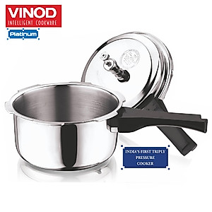 Vinod Platinum Triply Stainless Steel Outer Lid Pressure Cooker 1.5 Litre/Gasket Release System/Induction and Gas Base Cooker/ISI Certified- Silver