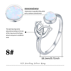 TUGHRA White Opal Ring Birthstone Statement Rings Celtic Knot Moon Ring 925 Sterling Silver Crescent Moon Ring Open Adjustable Rings Jewelry Gift for Women Teen Wife Birthday Present Jewelry
