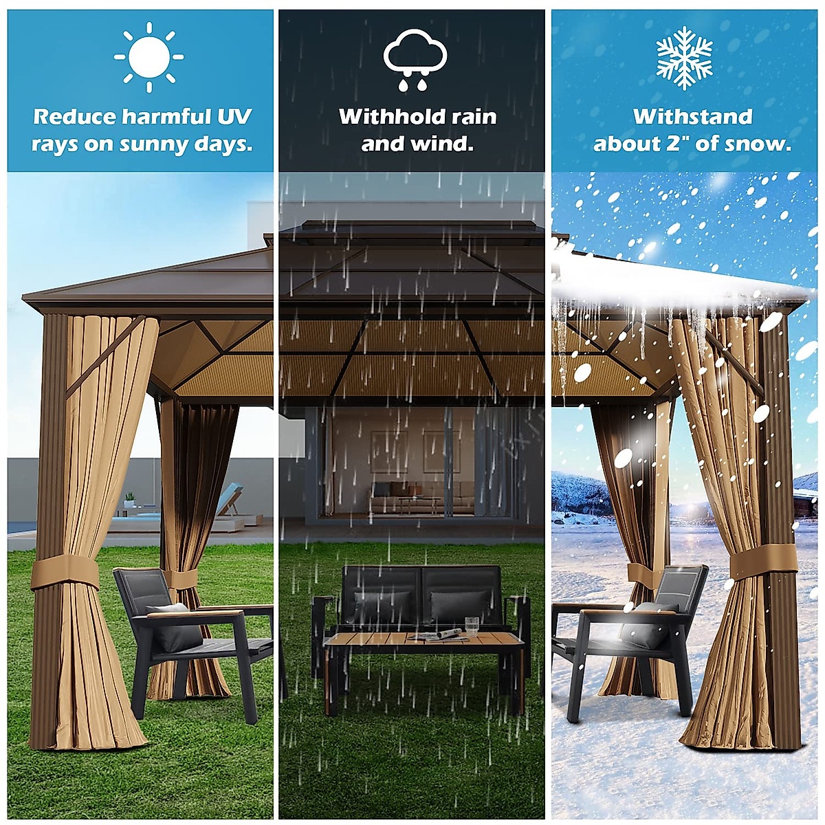 GAZEBEST Hardtop Gazebo Outdoor Polycarbonate Double Roof Patio Gazebo Aluminum Frame Gazebo Canopy with Netting and Curtains,for Garden Patio,Patio Backyard,Deck and Lawns (Brown, 10x13FT)
