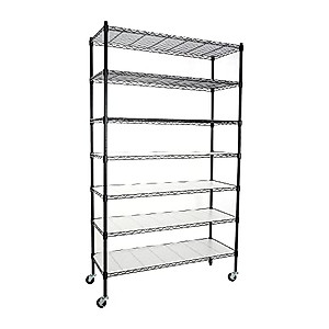 pouseayar 7 Tier NSF Metal Shelf Wire Shelving Unit, 2450lbs Capacity Heavy Duty Adjustable Storage Rack with Wheels & Shelf Liners for Closet Kitchen Garage Basement, 82" H x 48" L x 18" D - Black