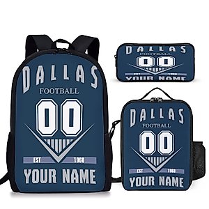 Quzeoxb Custom Dallas Backpack 3pcs Bag Set Laptop Bag, Lunch Bag and Pencil Case Personalized Name Number Gifts for Men Women Boy