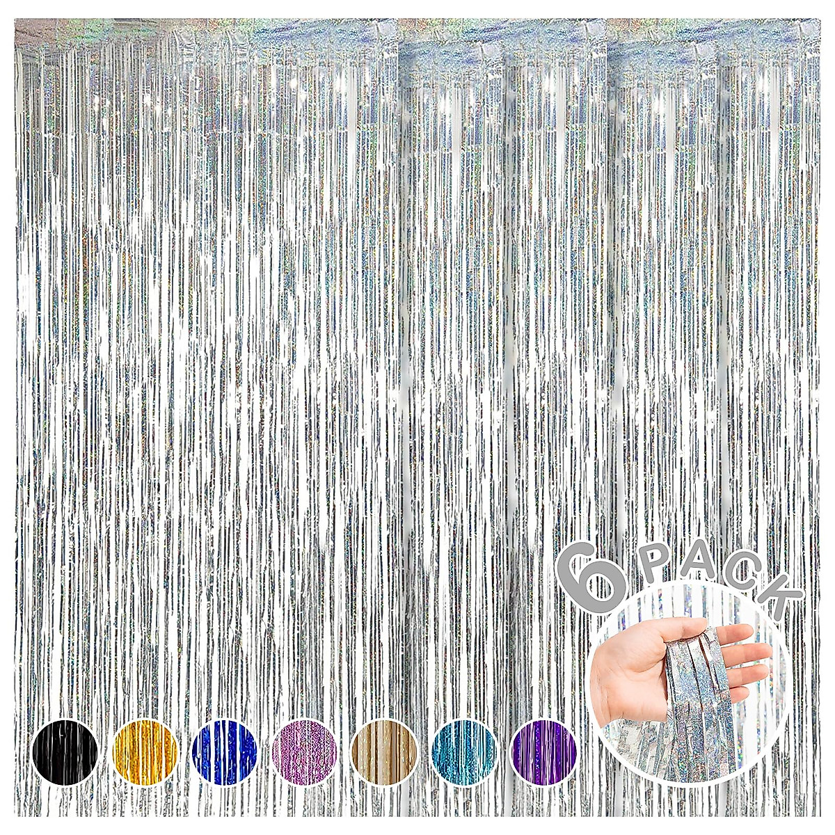 6 Pack Foil Fringe Backdrop Curtains, 3.28 x 8.2 ft Laser Silver Tinsel Streamers Metallic Tinsel Foil Fringe Curtains Photo Booth Backdrop for Birthday Bridal Shower Christmas Party Decorations