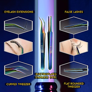 PrimeJedi Eyelash Extension Tweezers, Lash Applicator Tweezers, 3D 4D 5D Tweezer, DIY Lash Tweezers, Curved Tweezers, Tong Tweezers, 45 Degree Tweezer, Rainbow Tweezers in Tube Case (1 Set)