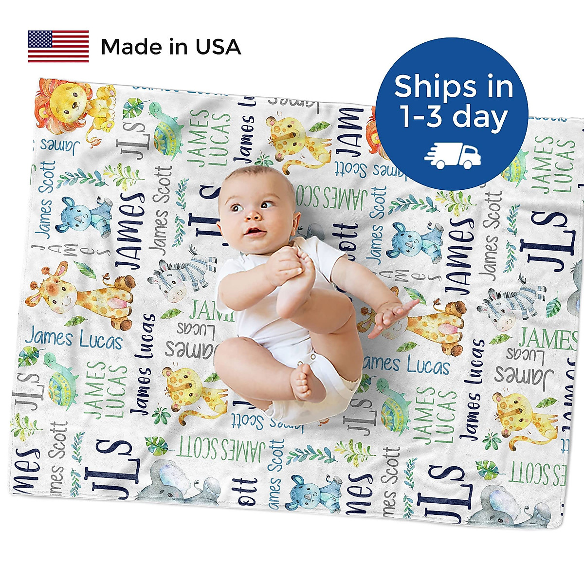 Honestchi Safari Personalized Baby Blankets - Customized Baby Blanket with Name for Boys - Custom Baby Blankets for Baby Shower - Soft, Lightweight & Giftable