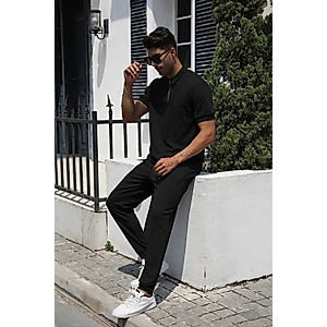 FZNHQL Men's Casual Tracksuit Polo Sets Long Sleeve Sweatshirt Jogger Sweatpants Zip Polo Golf Sports 2pcs Running Jogging Sports Top and Pants Fashion Gift Black XL