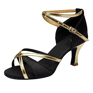 Women's Professional Latin Dance Shoes Fashion Cross Straps Open Toe Buckle Flared Heel Sandals Satin Salsa Ballroom Practice Performance Dance Shoes Black
