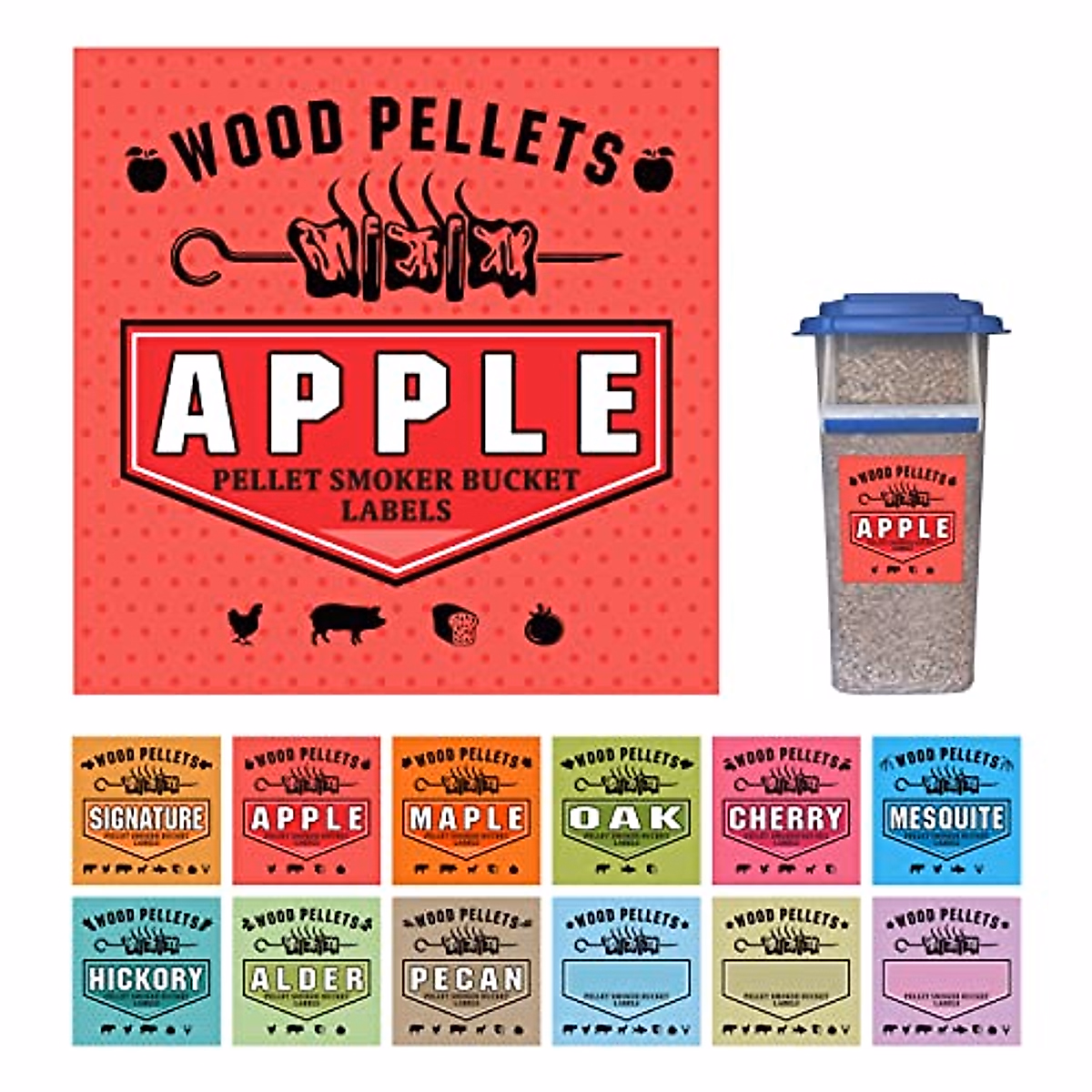 Smoker Grill Pellet Label Stickers, for Wood Pellet Storage Containers, Pasted on Pellet Storage Bucket for Easy Identification of Pellets of Different Flavors,Set of 12 Sticker Labels