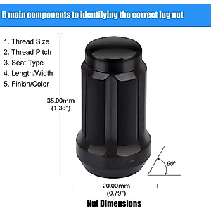 NPAUTO Wheel Lug Nuts 1/2'' x20 Thread, Conical Bulge Seat, Closed End Bulge Acorn Spline 1.38" Tall 3/4" Hex Fit for Wrangler, Ford Explorer F-150 Mustang, Impala, Dodge Dakota (Pack of 23+2, Black)
