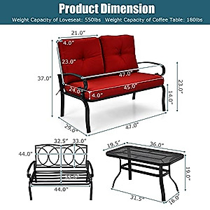 Tangkula Patio Loveseat with Table Set, 2 Seat Cushioned Sofa with Coffee Table, Patio Conversation Sofa Set with Rustproof Frame, 2 Pieces Outdoor Furniture Set for Garden, Poolside, Balcony (Red)