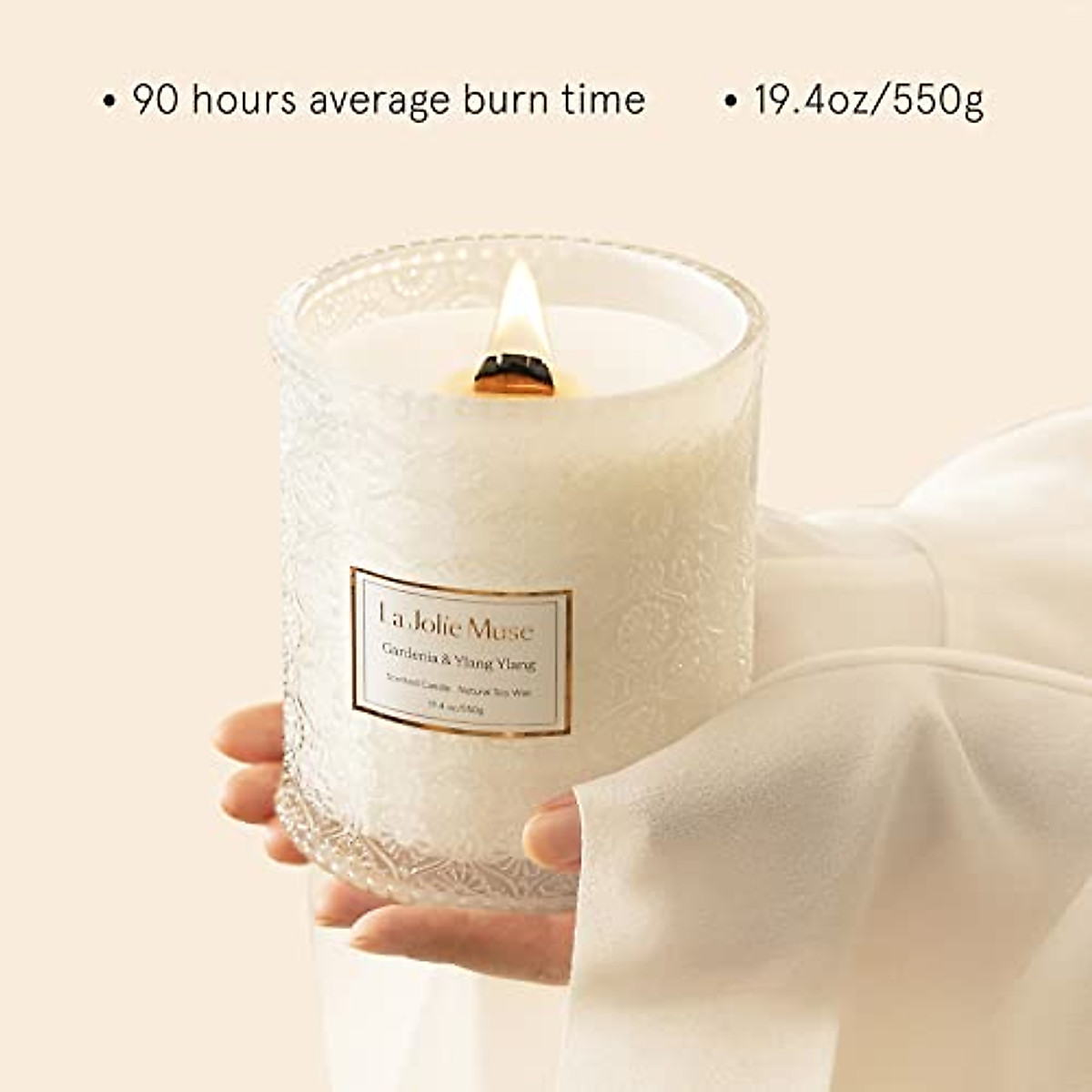 Gardenia & Ylang Ylang Scented Candle, Soy Candle for Home, Large Glass Jar Candle Gift, Wood Wick Candle, 90 Hours Long Burning Time, Engagement Candle Gift, 19.4 oz