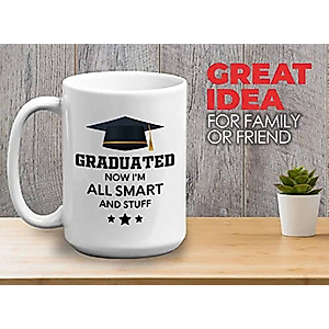 Flairy Land Graduation Coffee Mug 15oz White - All Smart and Stuff - Graduation Gifts for Her Senior Graduation College Student College Graduate Classmate MBA Grad