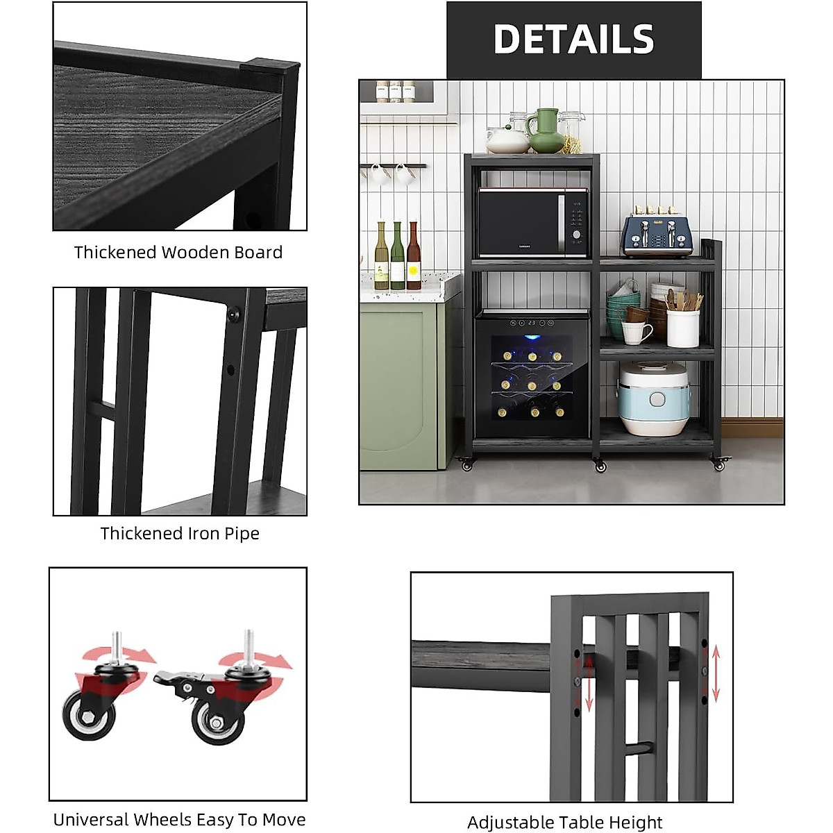 6-Tier Kitchen Bakers Rack Storage Shelf with Wheels, Utility Plant Stand/ Mini Fridge & Microwave Oven Stand Table, Coffee Bar, Adjustable Kitchen Shelves Freestadning for Home Office Patio